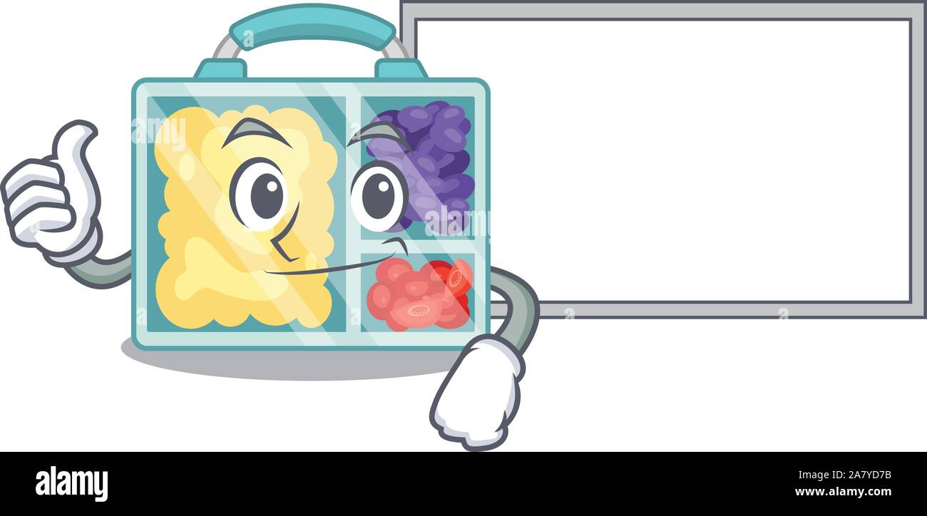 lunch box cartoon with the character thumbs up with board Stock Vector ...
