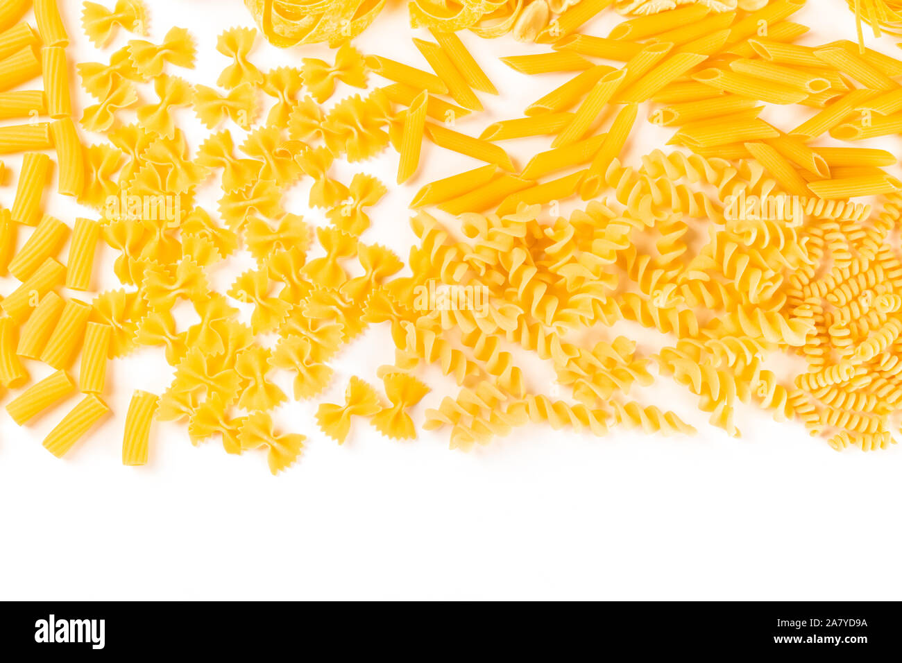 Italian pasta texture, flat lay banner, shot from the top on a white ...