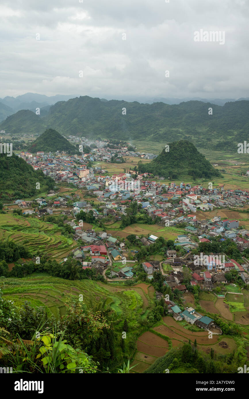 Top view of surroundings of Quan Ba Twin Mountains or Fairy Mountains ...