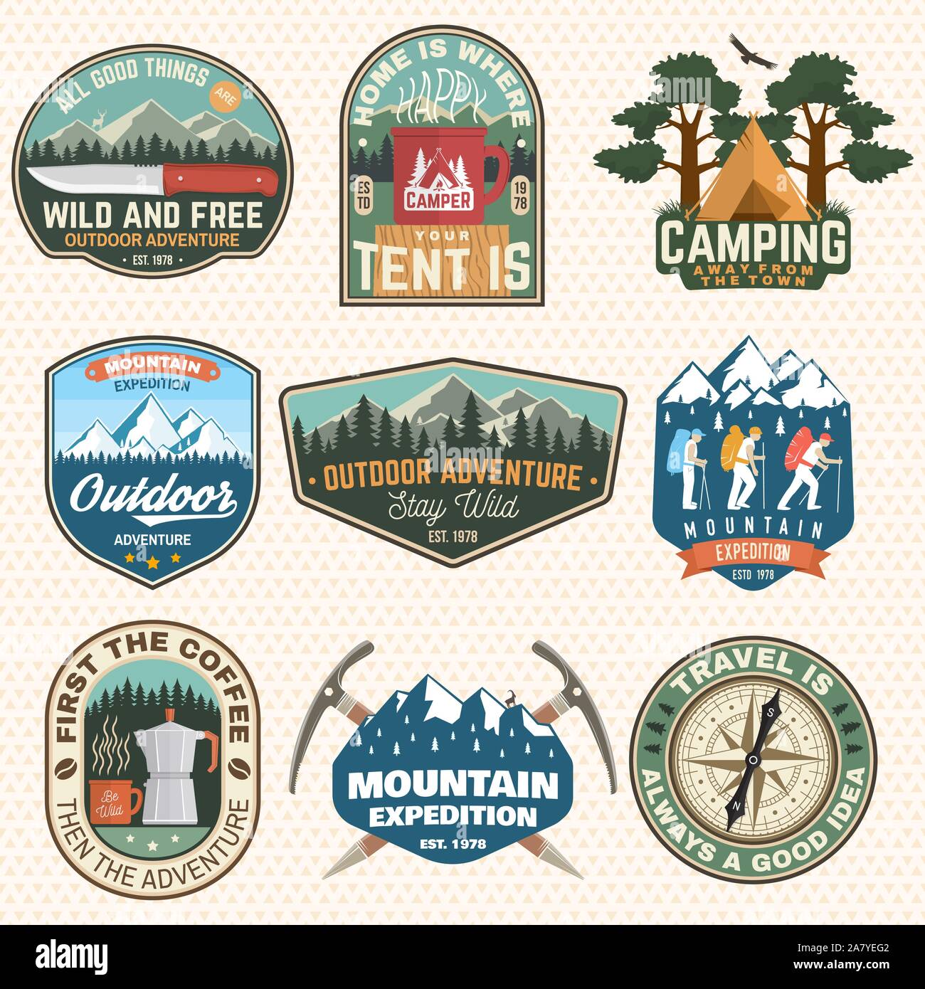 Mountain expedition and outdoor adventure badges. Vector illustration ...