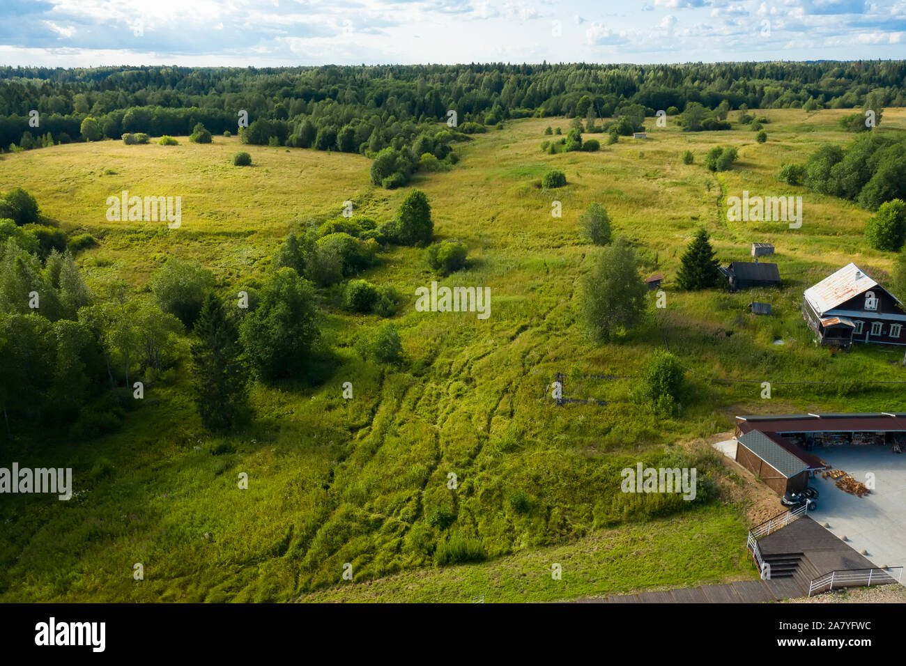 Aerial view from above on the forest and field in the countryside Stock ...