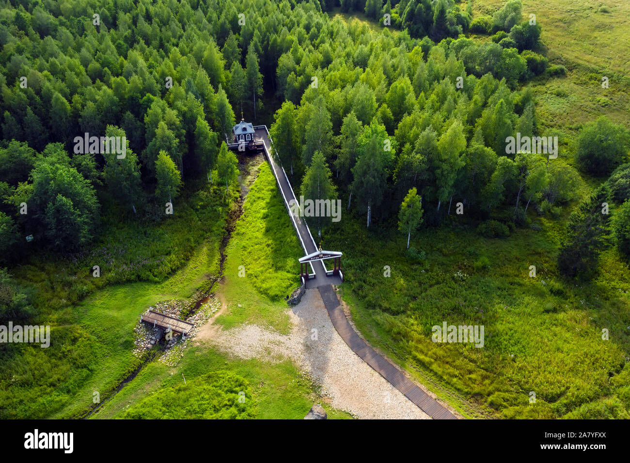 Aerial view from the Volga River Source. Village Volgoverkhovye, Tver ...