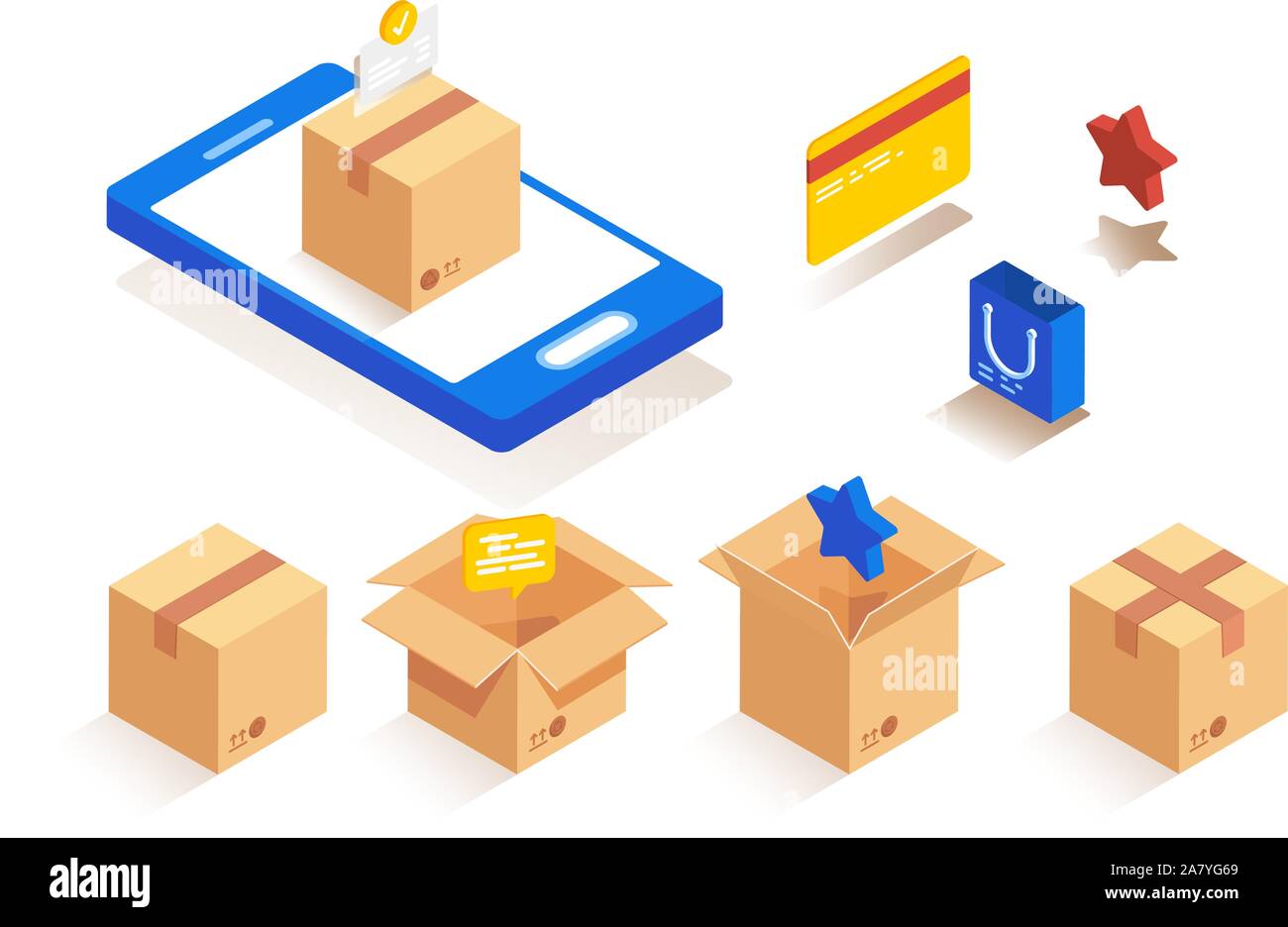 Isometric packaging paper boxes set for packaging of goods. Parcel ...