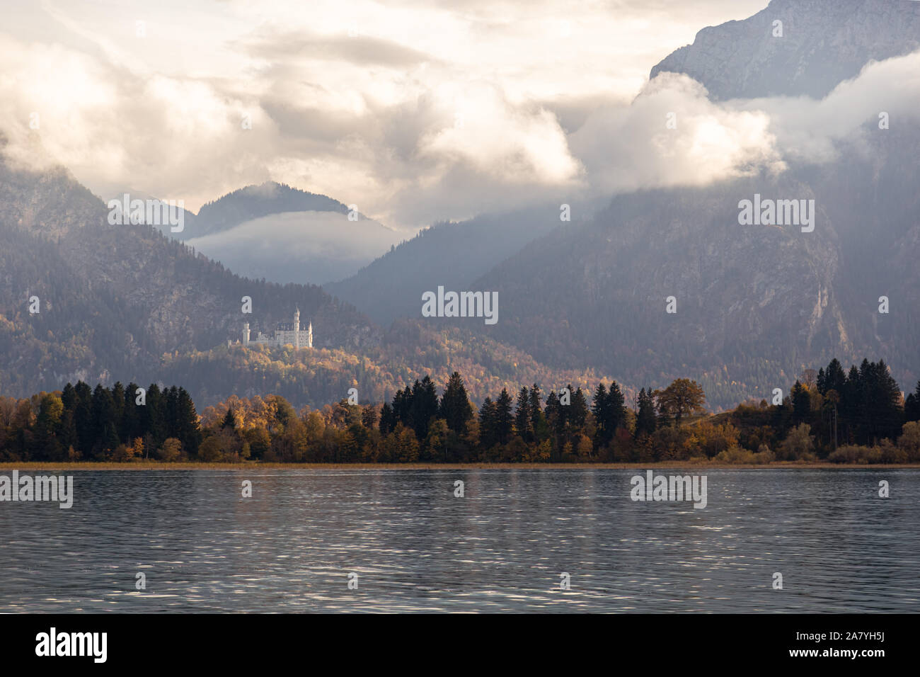 view of the castle Neuschwanstein from the opposite side of the lake ...