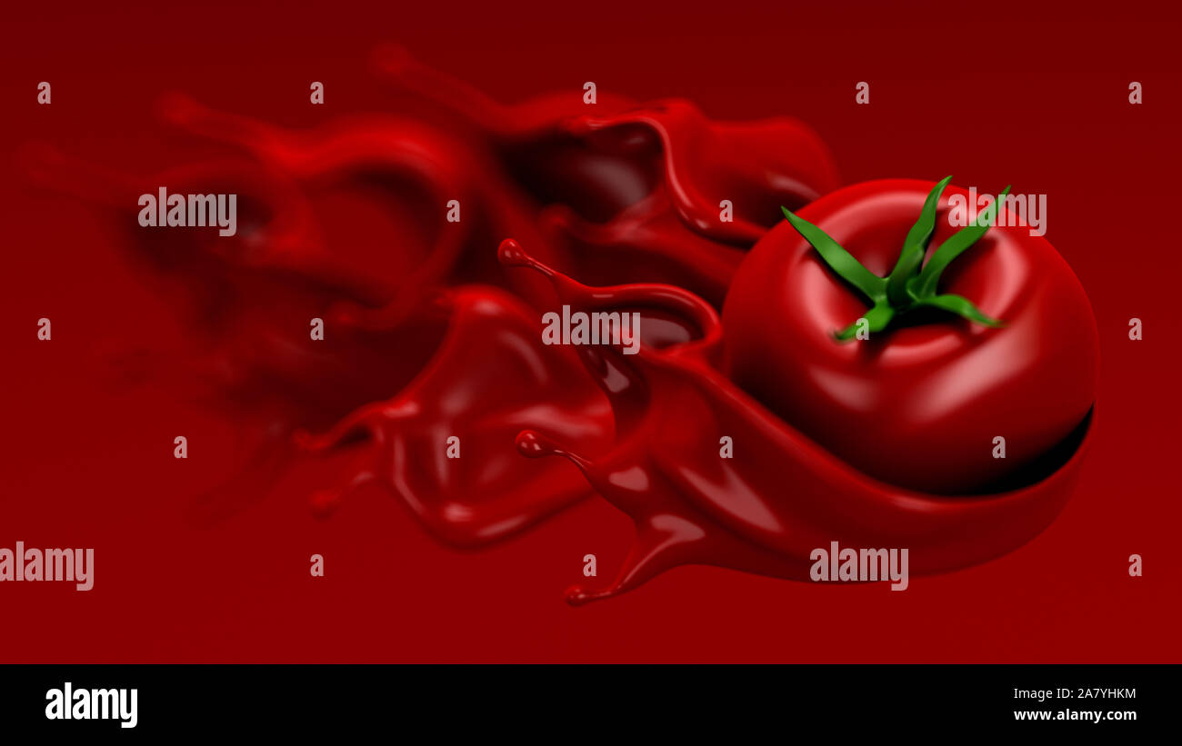 Beautiful red background with tomato and splash of juice, tomato paste ...