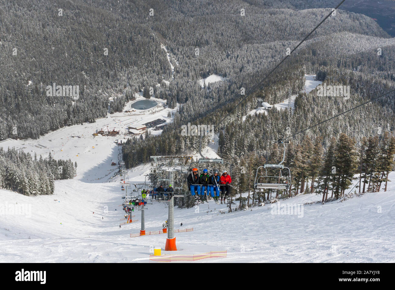 Ski resort Bansko, Bulgaria aerial view, skiers on lift Stock Photo - Alamy