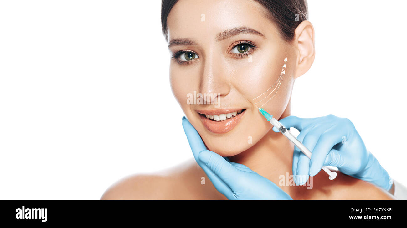 beautiful woman received procedure lifting skin. Injections with ...