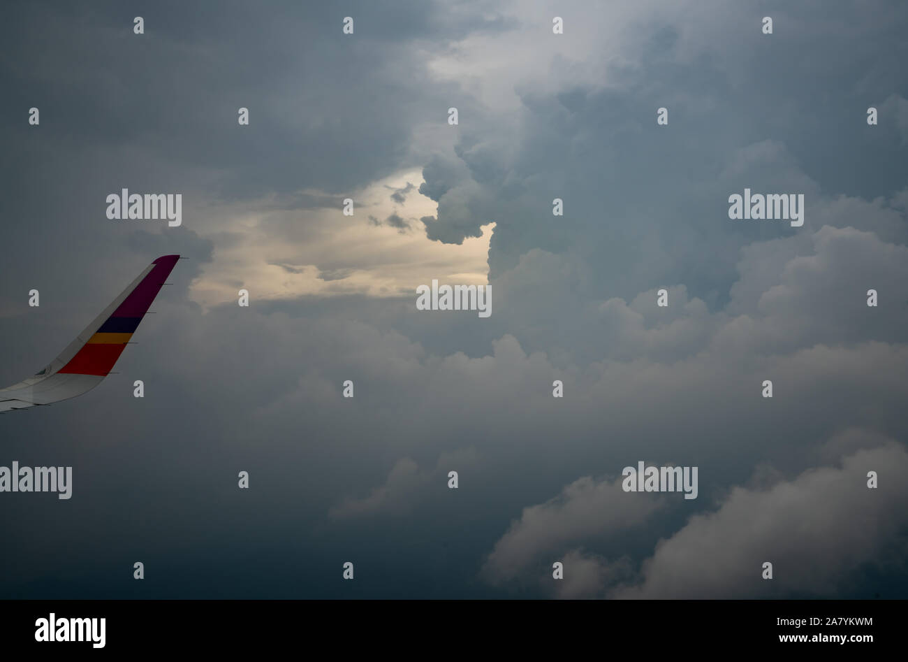 Wing of plane over the city. Airplane flying on blue sky. Scenic view ...