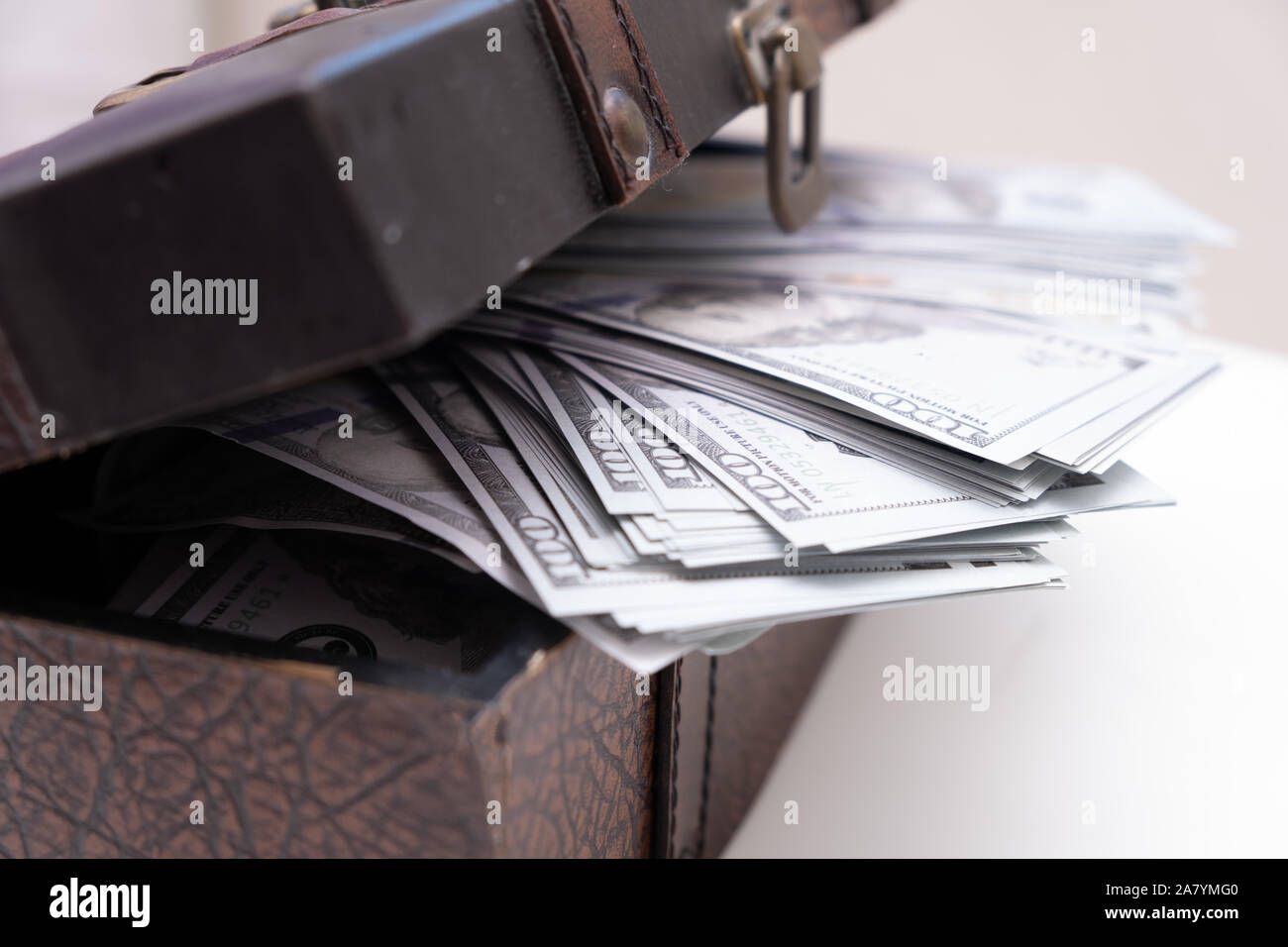 vintage open chest with lots of money dollar bills. Concept of wealth ...