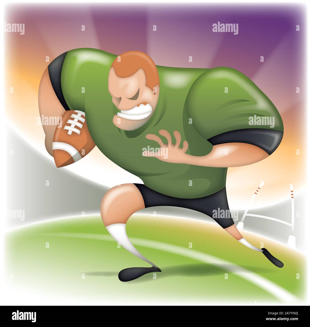 Angry cartoon character rugby player in action with stadium on ...