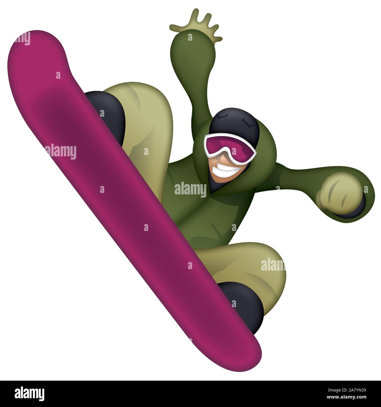 Pro snowboarder cartoon character in action on white background. Sport ...