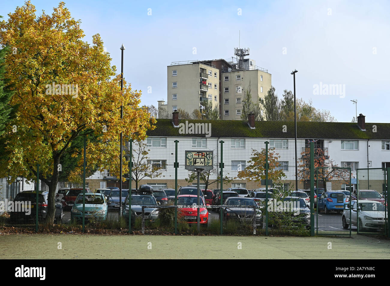 High rise flats near a sports area by Jardine Crescent on Tile Hill in ...