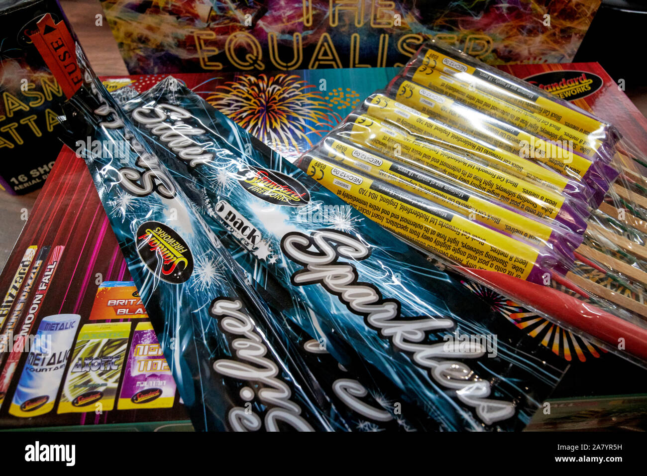 boxes of fireworks rockets and sparklers for halloween bonfire night in ...