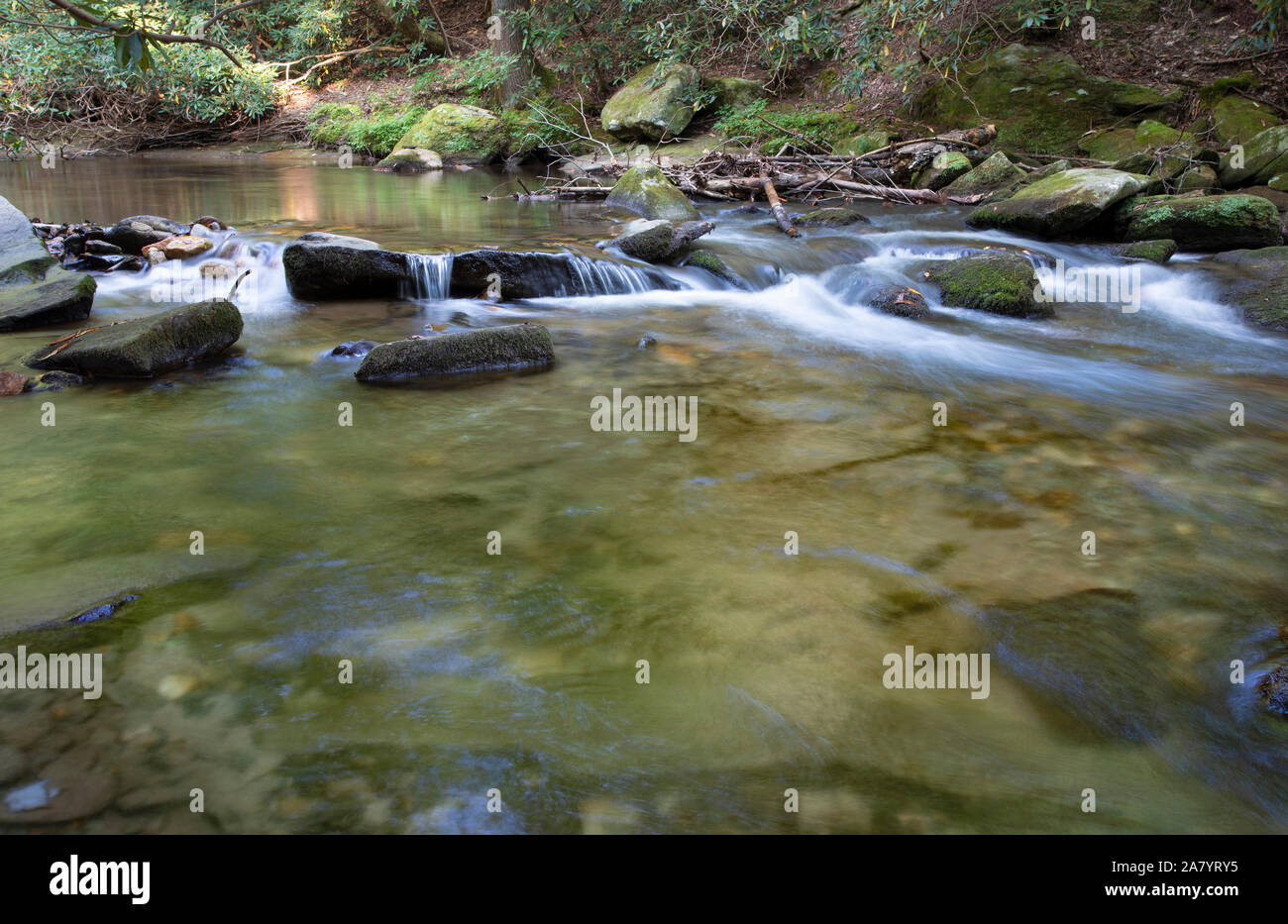 Fast moving water over rocks in Stone Mountain State Park in North ...