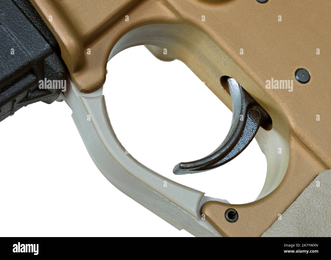 AR-15 trigger on a gold colored gun with white background Stock Photo ...