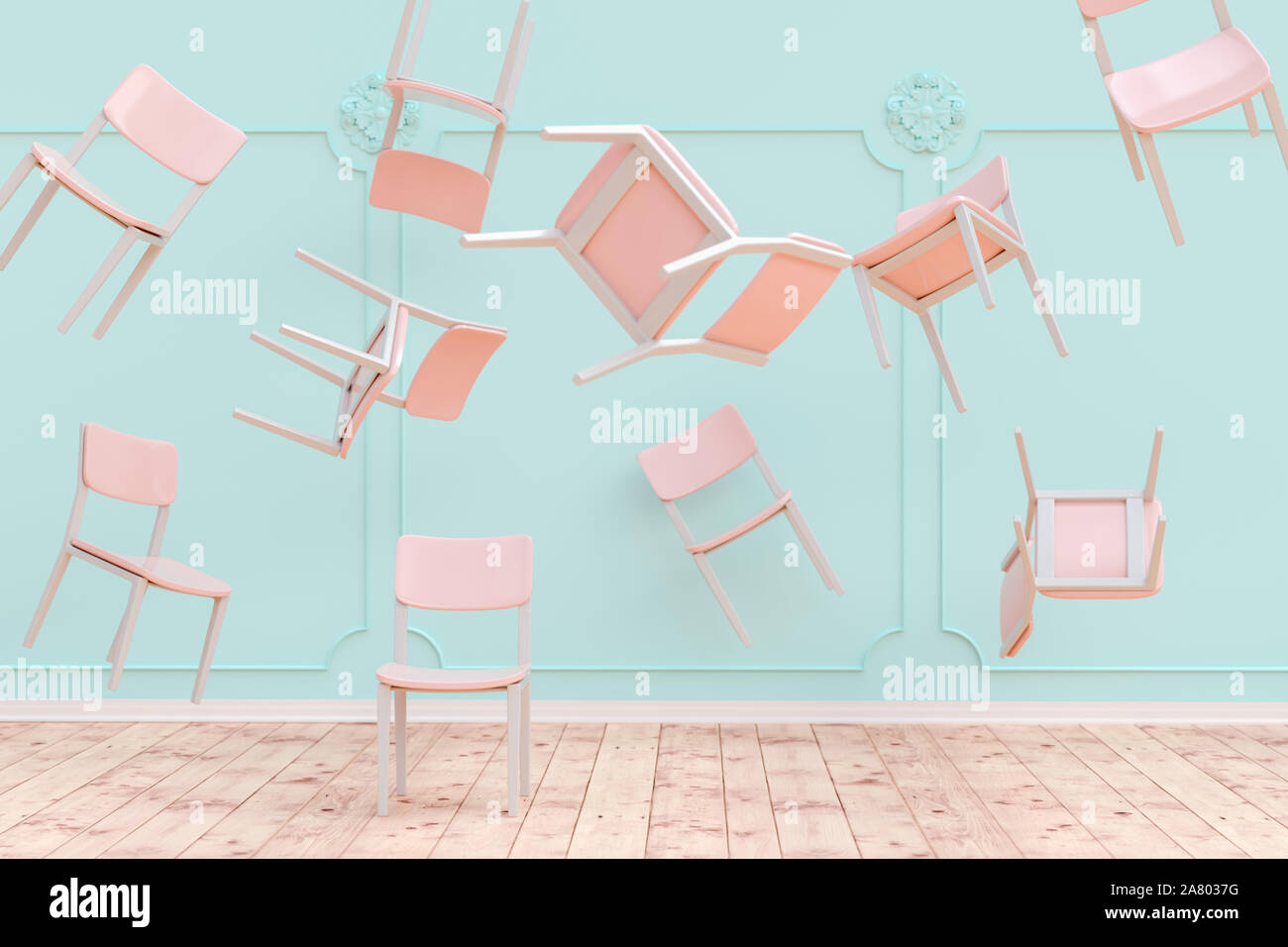 Flying chairs in a room rendering Stock Photo - Alamy
