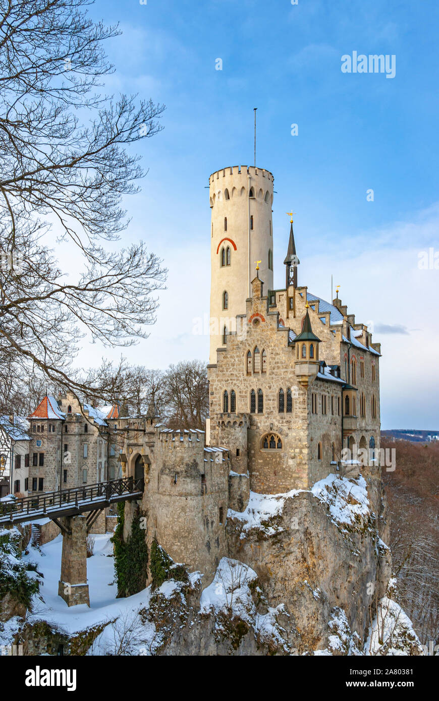 Inside the gates of beautiful winterly Lichtenstein Castle, Swabian Alb ...