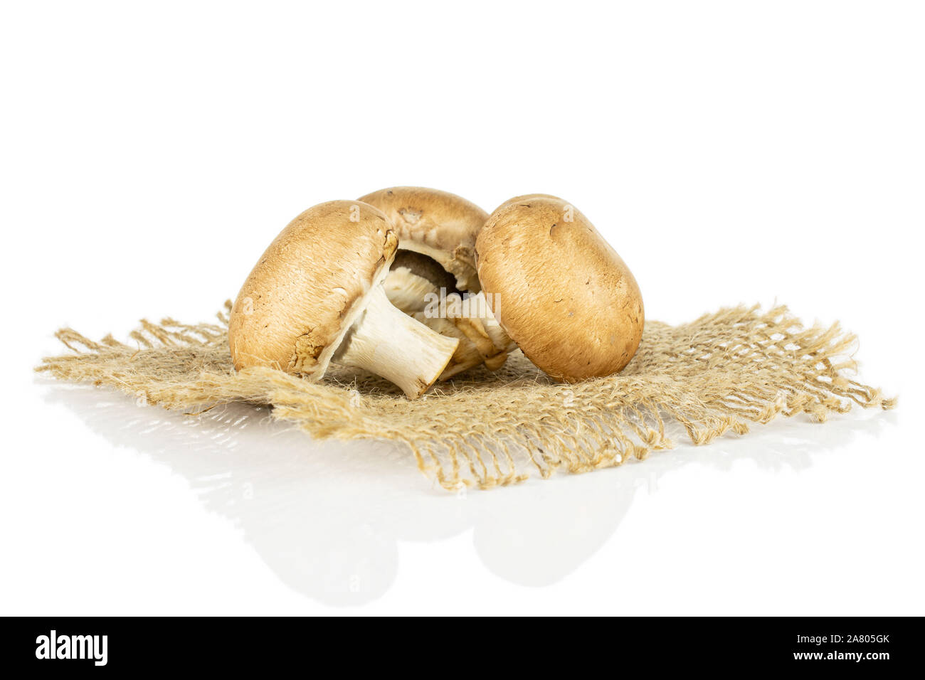 Group of three whole fresh brown champignon on natural sackcloth ...
