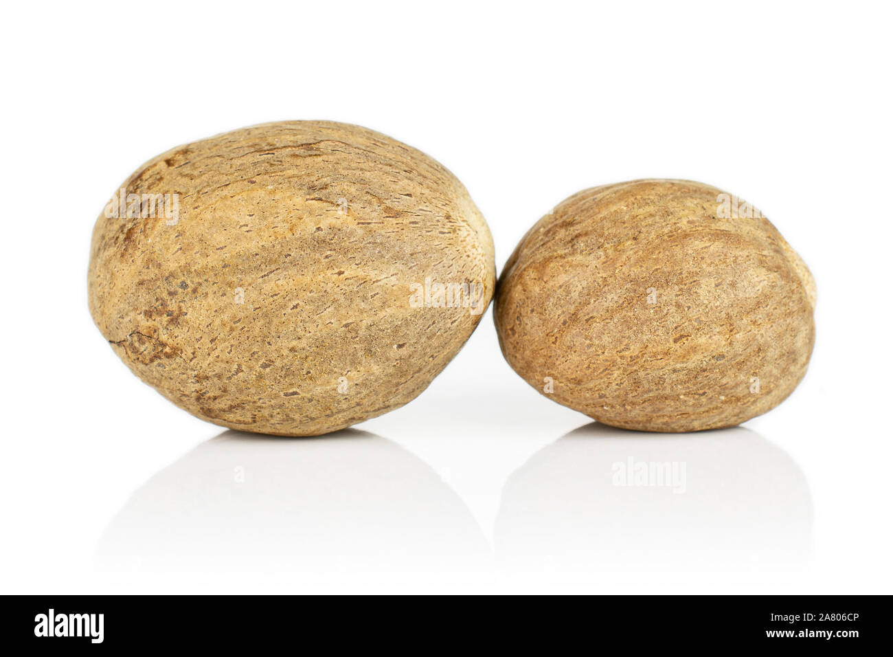 Group of two whole dry brown nutmeg isolated on white background Stock ...