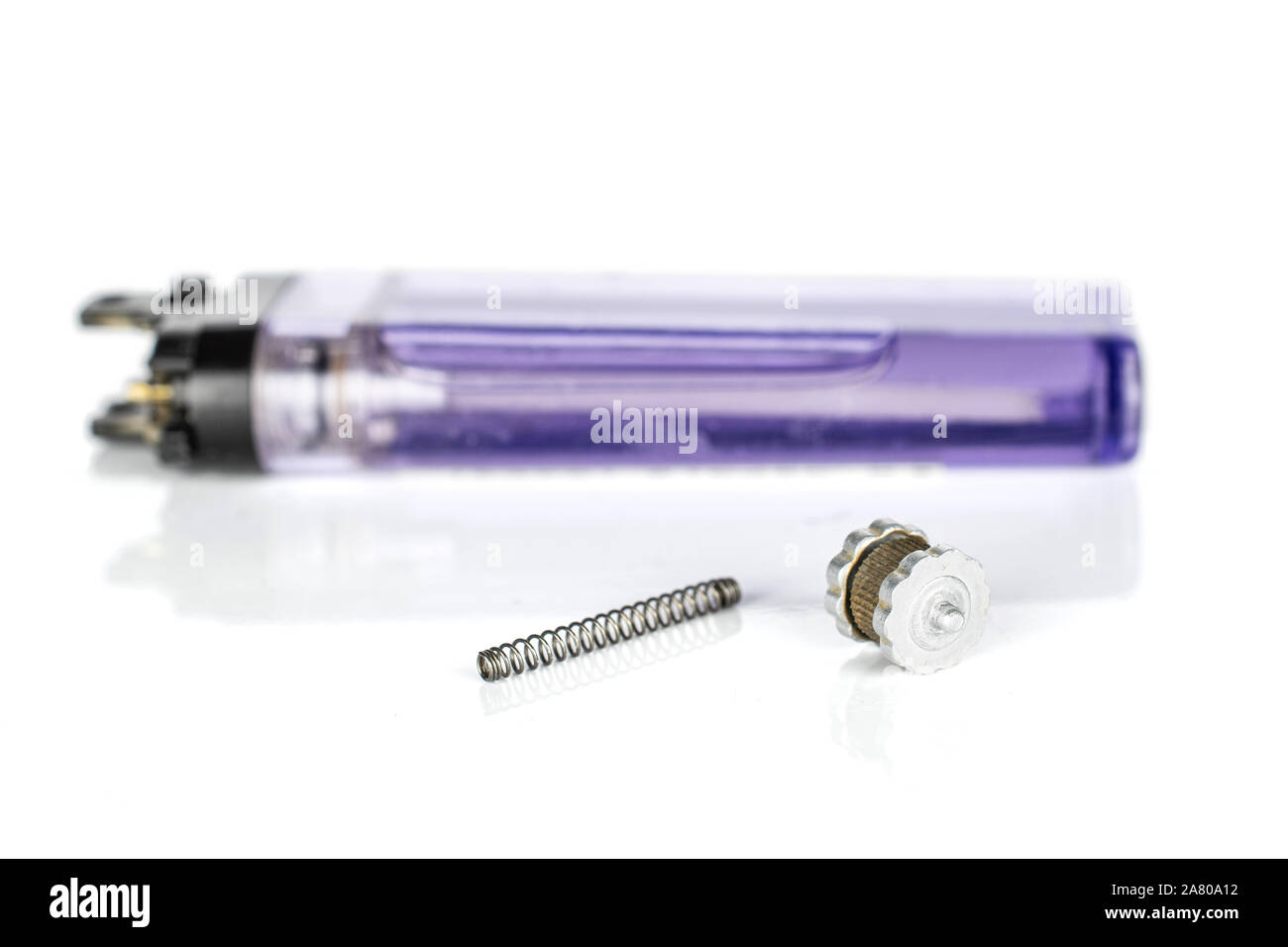 Group of one whole two pieces of plastic lighter isolated on white ...