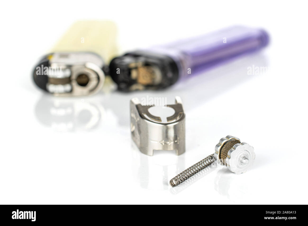 Group of two whole three pieces of plastic lighter isolated on white ...