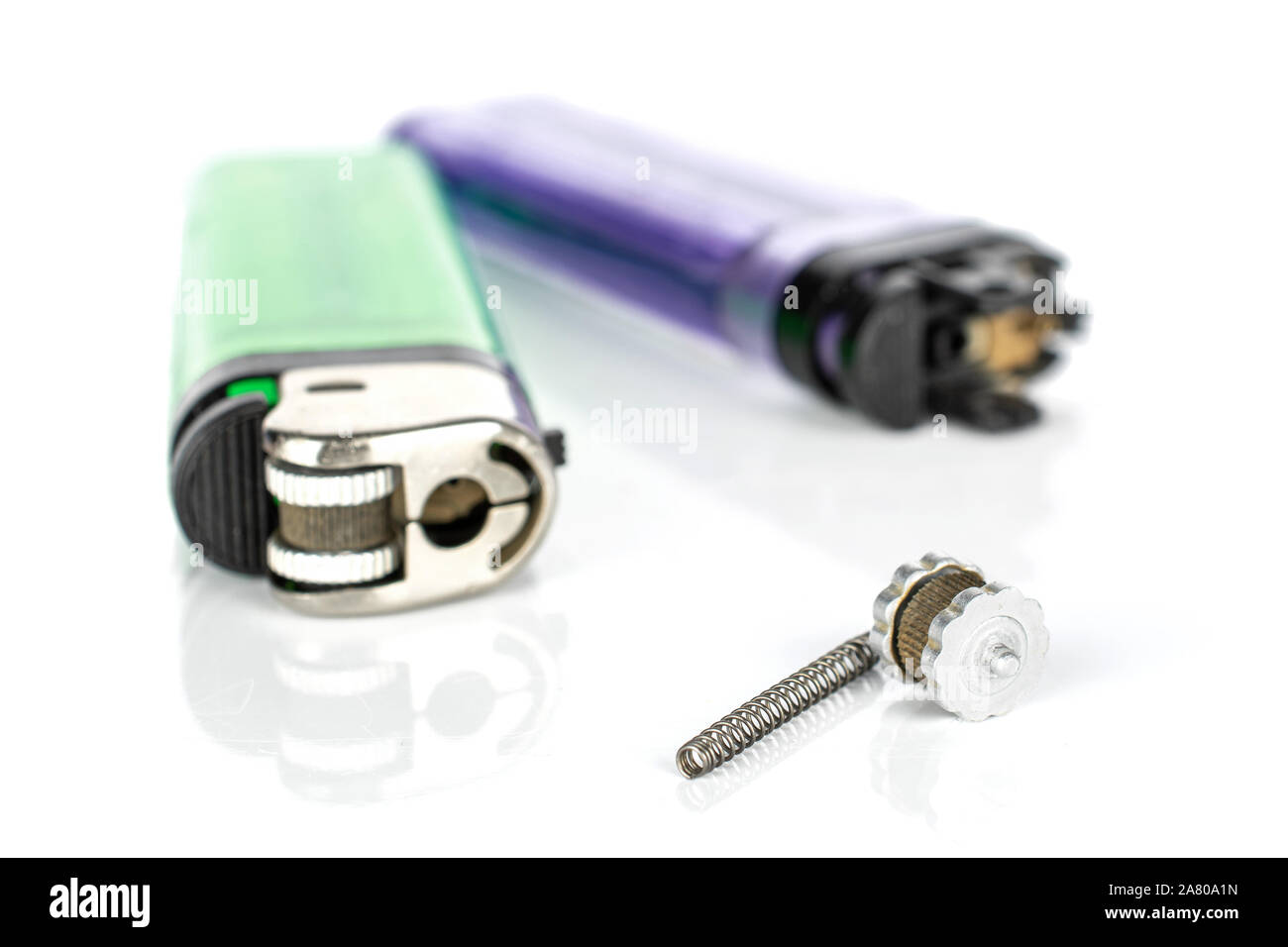 Group of two whole two pieces of plastic lighter isolated on white ...