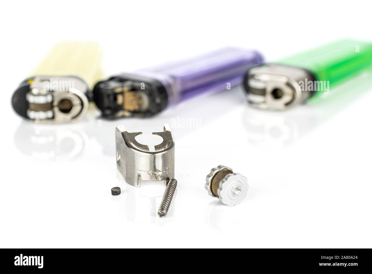 Group of three whole four pieces of plastic lighter isolated on white ...