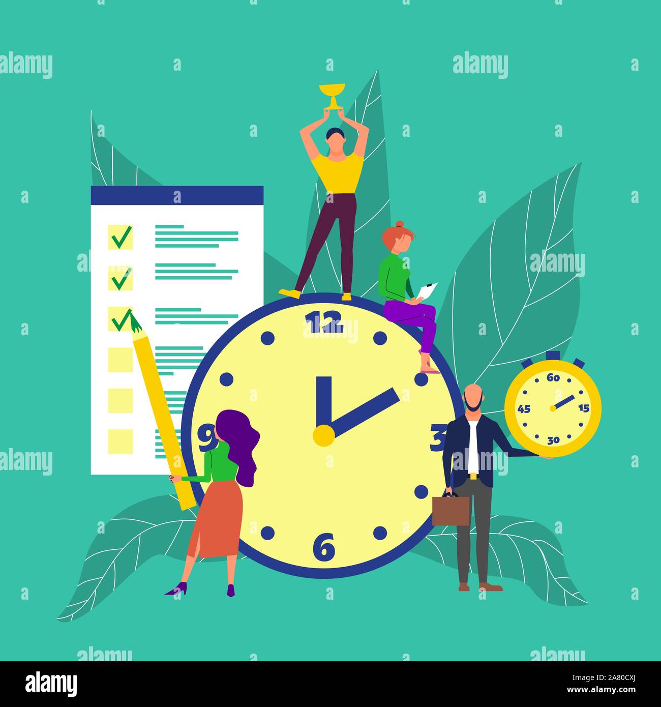 Time management concept art. Group of people around big clock, man ...