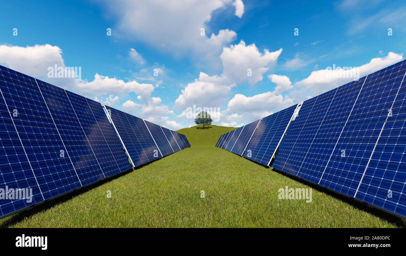 Solar panels on a green field on a background of blue sky with clouds ...