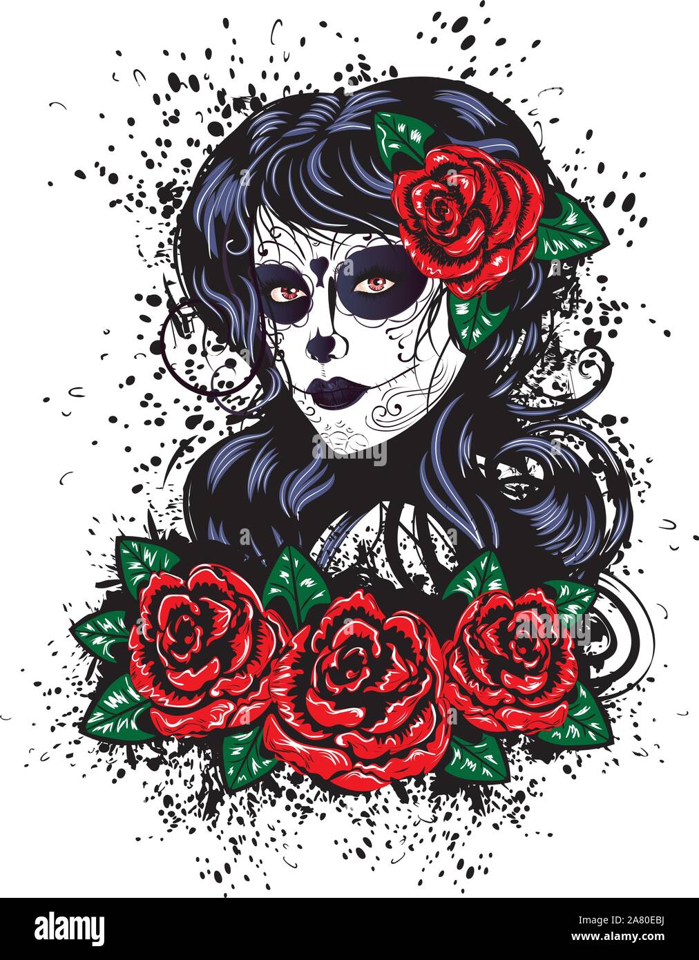 Vintage sugar skull girl with roses for Day of the Dead (Dia de los ...