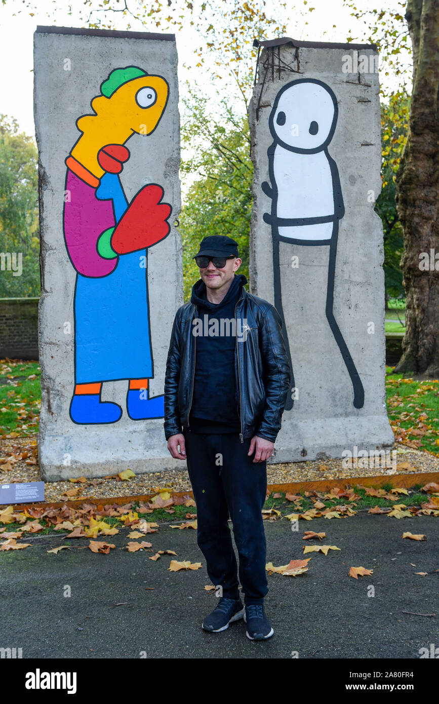 London, UK. 5 November 2019. Street artist STIK poses as the unveiling ...