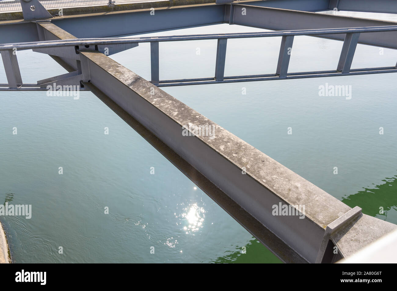 Metal girders forming the structural support of the span of a bridge ...