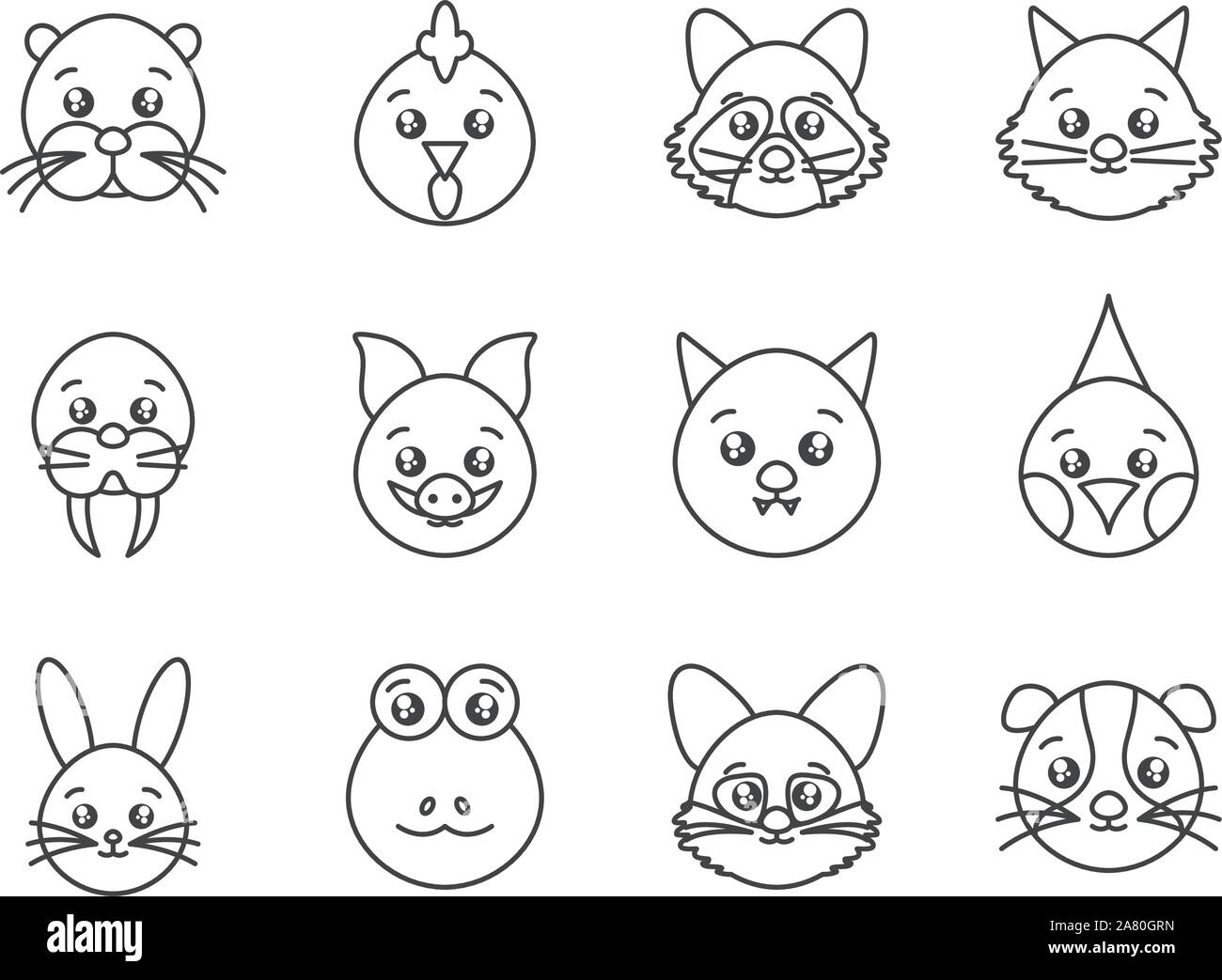 cute animals head cartoon icons set line style vector illustration ...