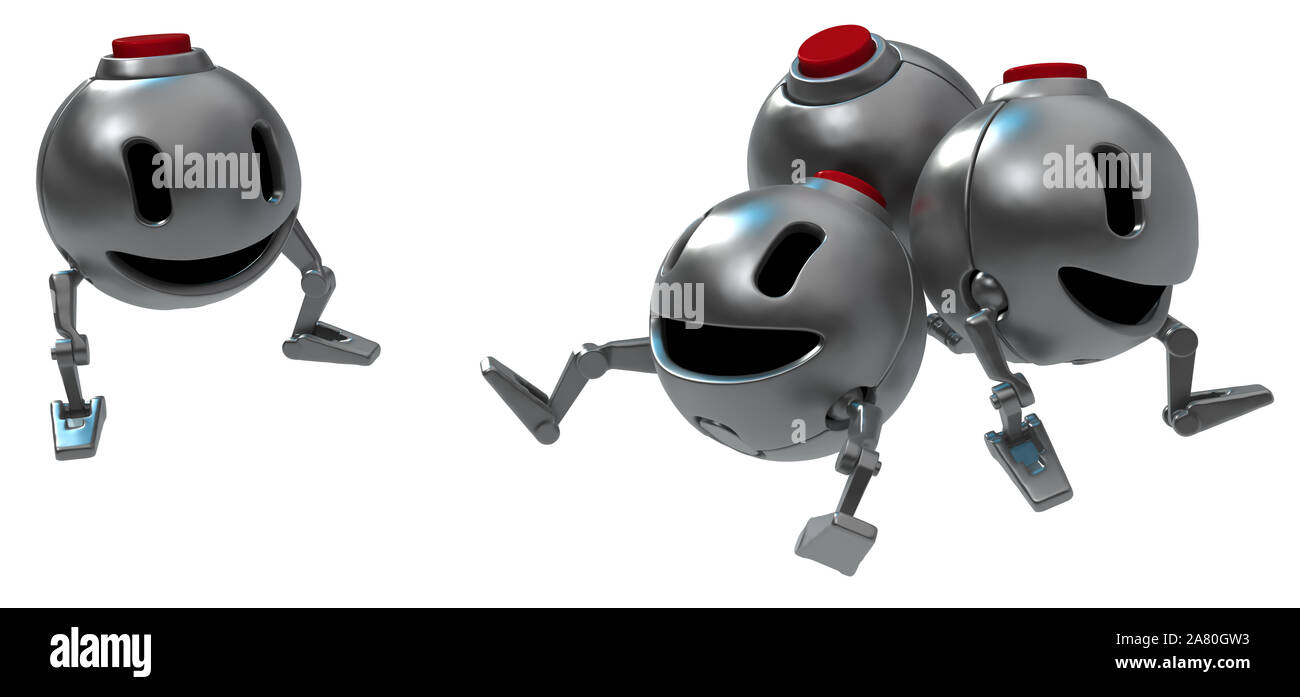 Bomb robot happy cartoon characters bunch sitting, 3d illustration ...