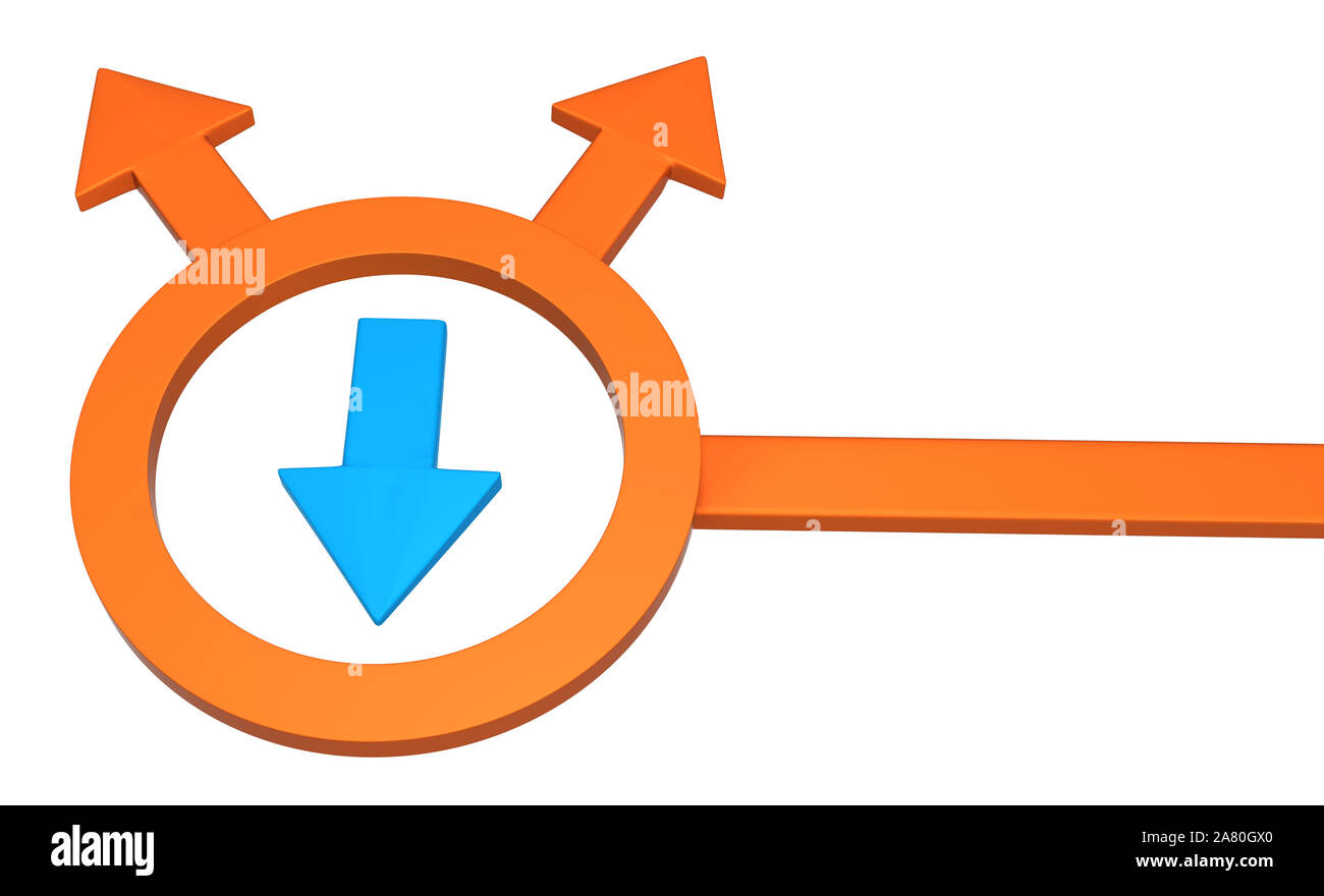 Orange symbolic arrow true pointing down, 3d illustration, horizontal ...
