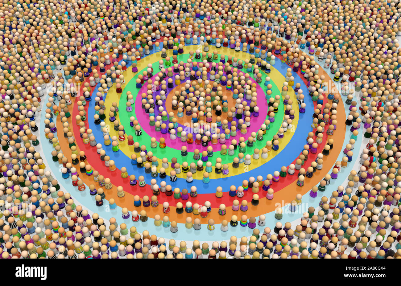 Crowd of small symbolic figures, color circles concentric focus, 3d ...