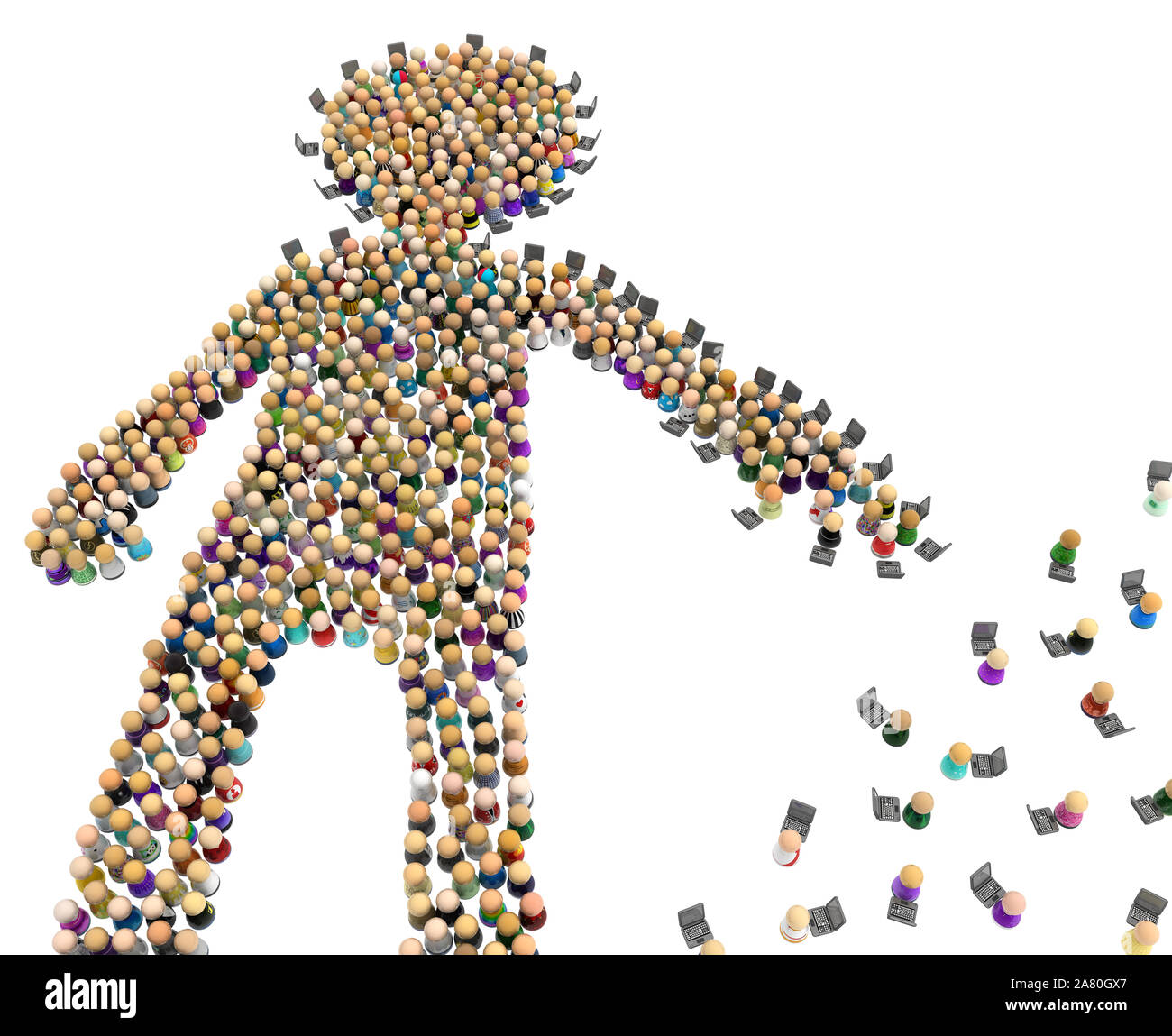 Crowd of small symbolic figures forming big person shape laptops ...