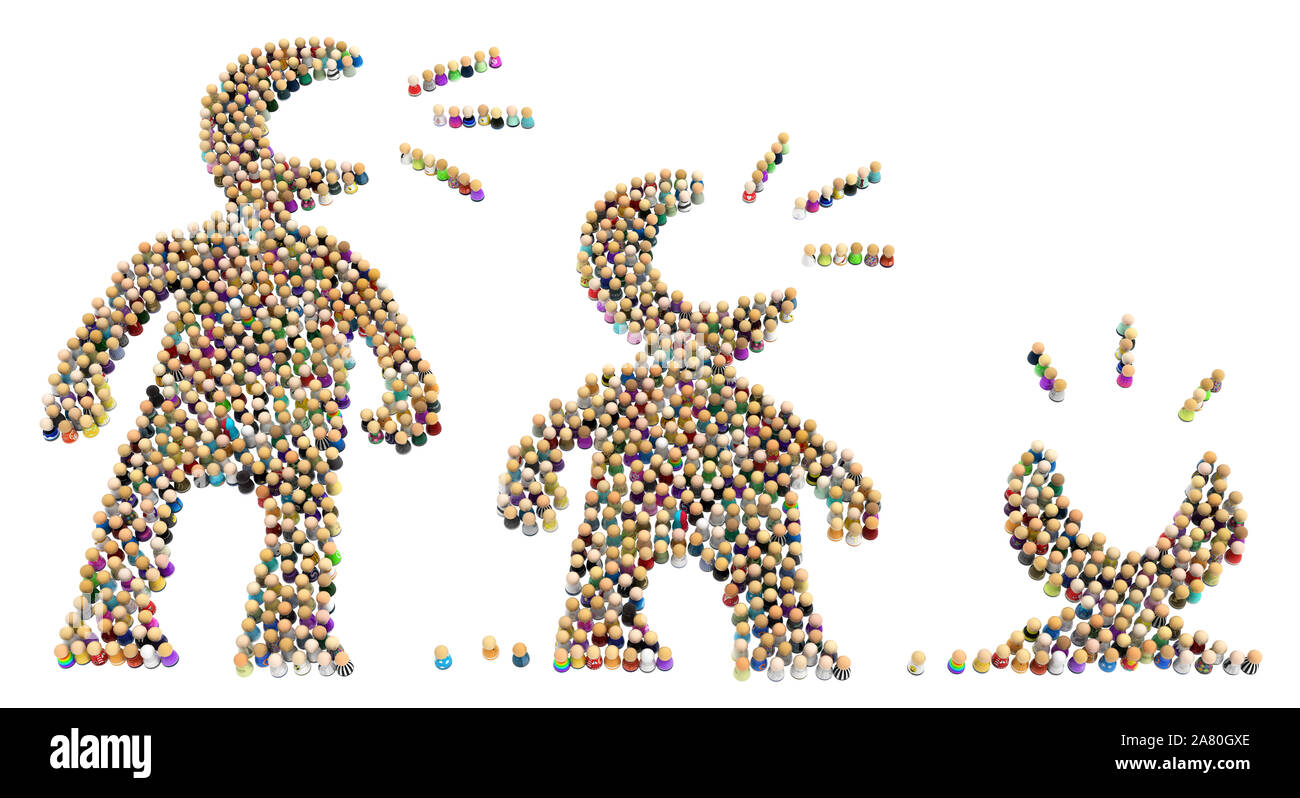 Crowd of small symbolic figures forming big person shape shrinking ...