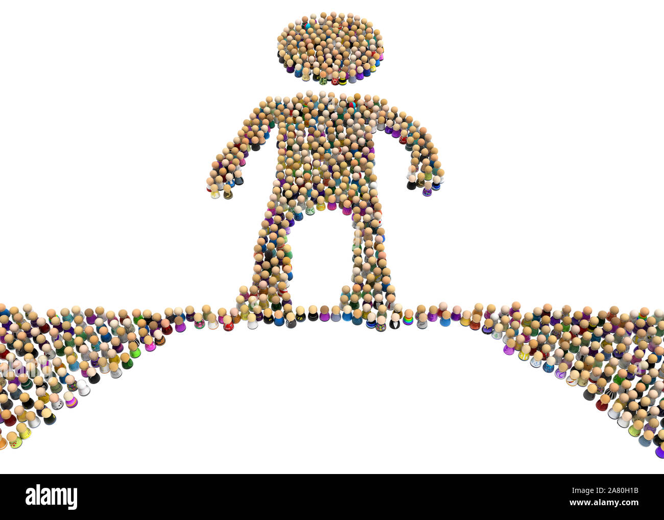 Crowd of small symbolic figures forming big person shape on thin ice ...