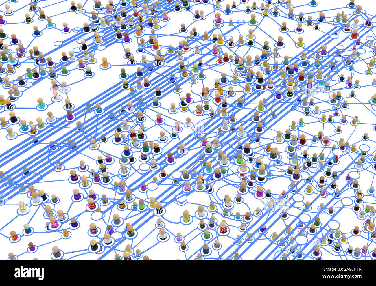 Crowd of small symbolic 3d figures linked by lines, complex layered ...