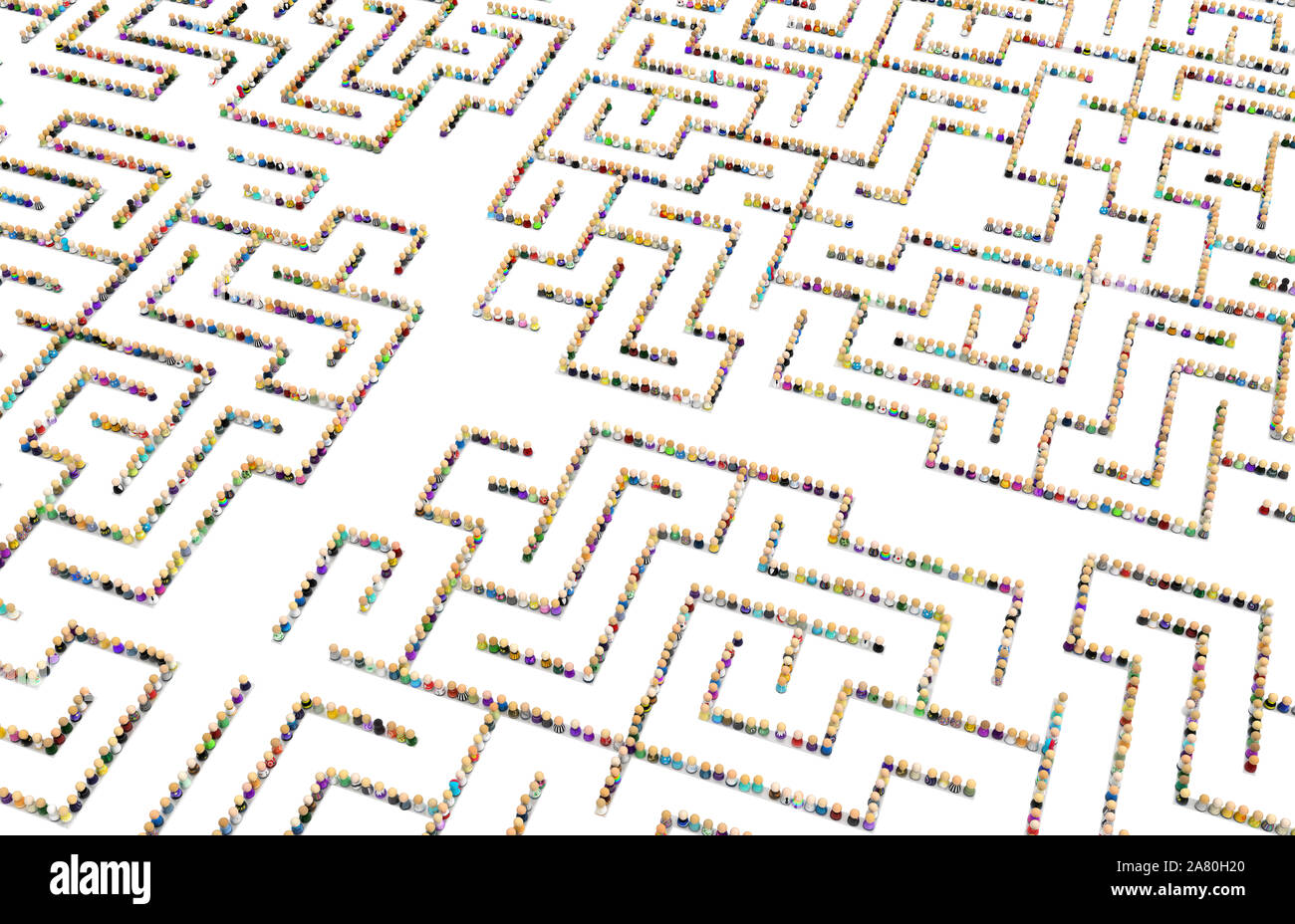 Crowd of small symbolic figures forming labyrinth shapes, 3d ...