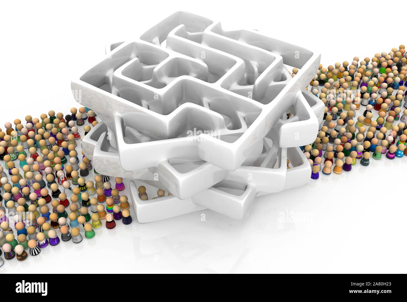 Crowd of small symbolic figures, labyrinth stack, 3d illustration ...