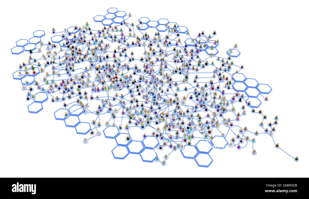 Crowd of small symbolic 3d figures linked by lines, complex layered ...