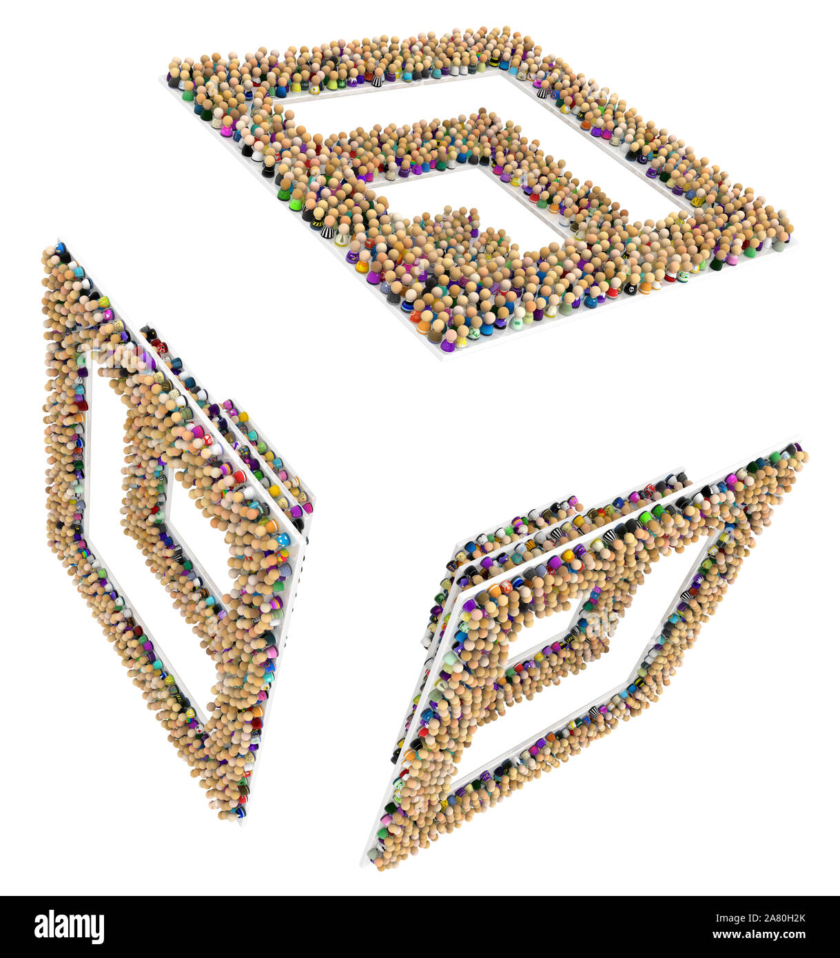 Crowd of small symbolic figures, square levels cube build, 3d ...