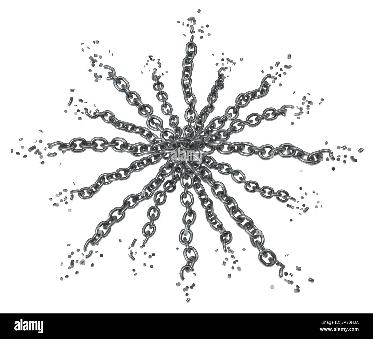 Breaking chain crossing big, dark grey metal 3d illustration, isolated ...