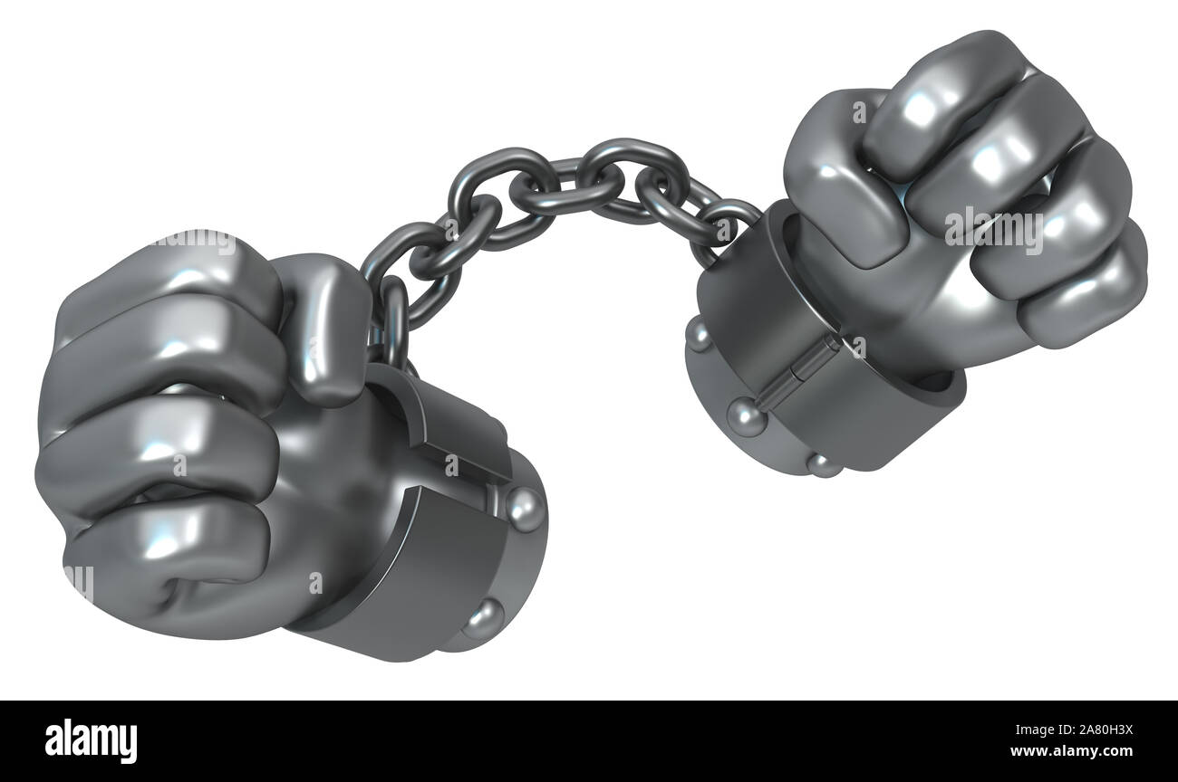 Fists metal shackles, 3d illustration, isolated, horizontal, over white ...