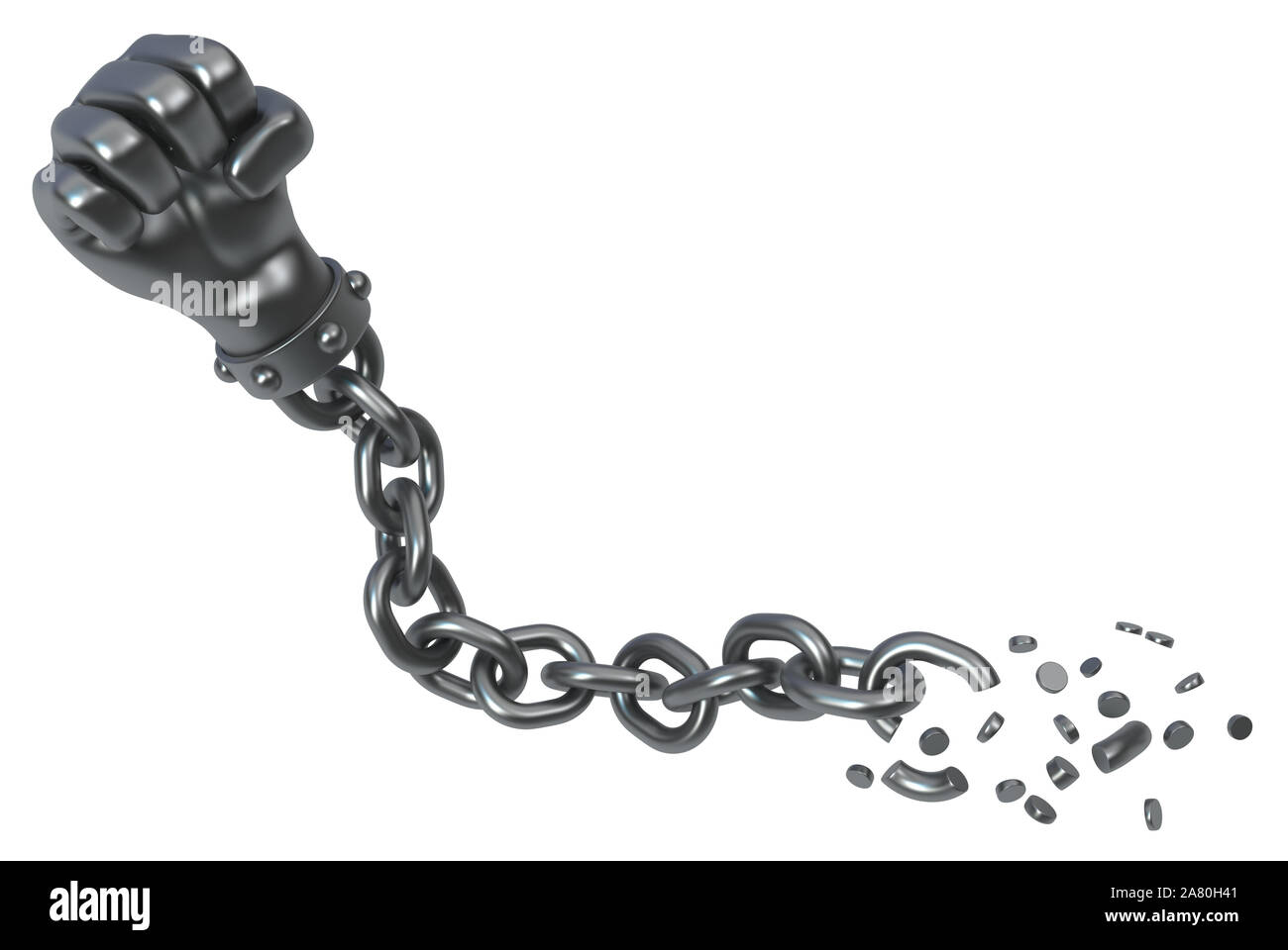 Fist metal chain break, 3d illustration, isolated, horizontal, over ...