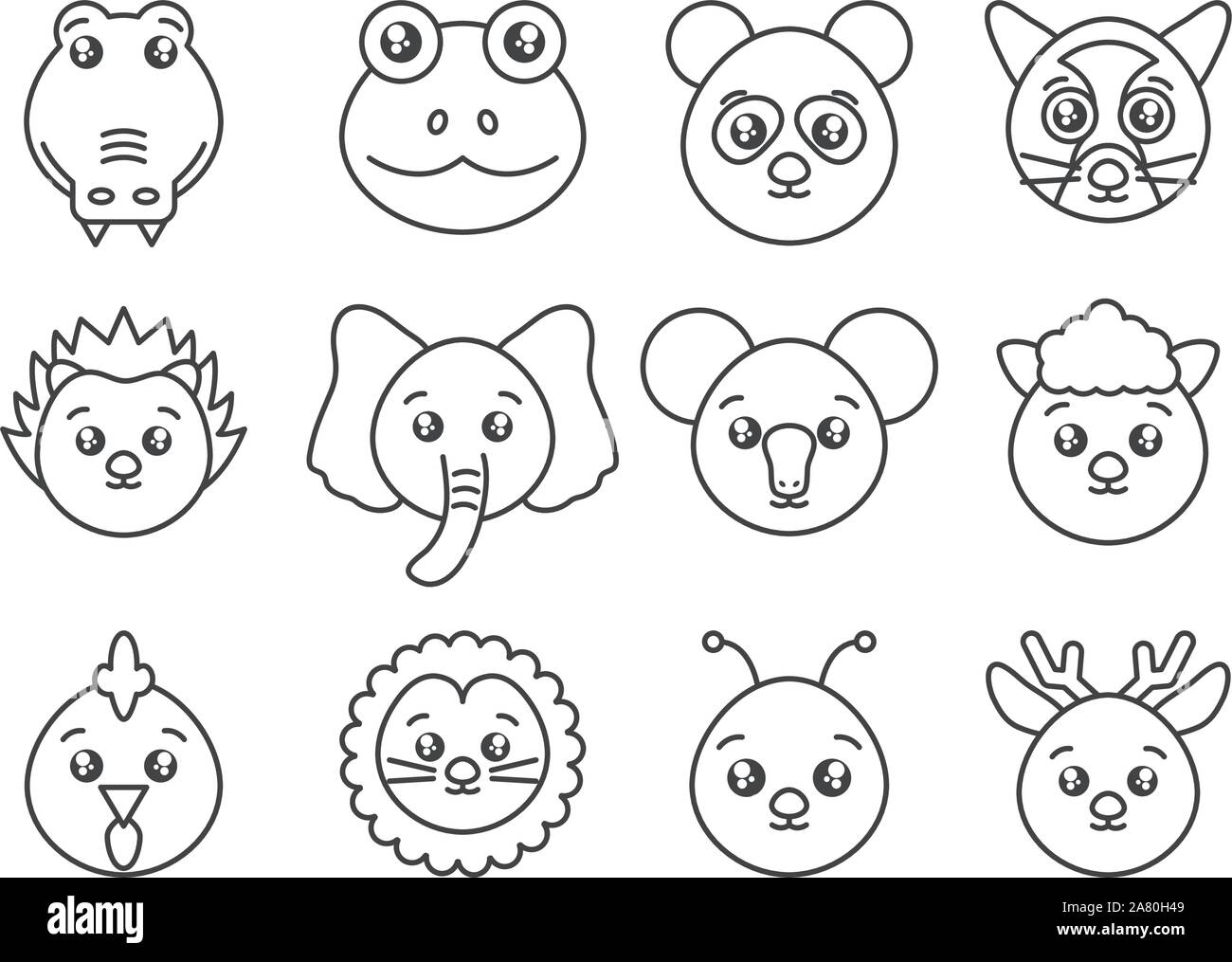cute animals head cartoon icons set line style vector illustration ...