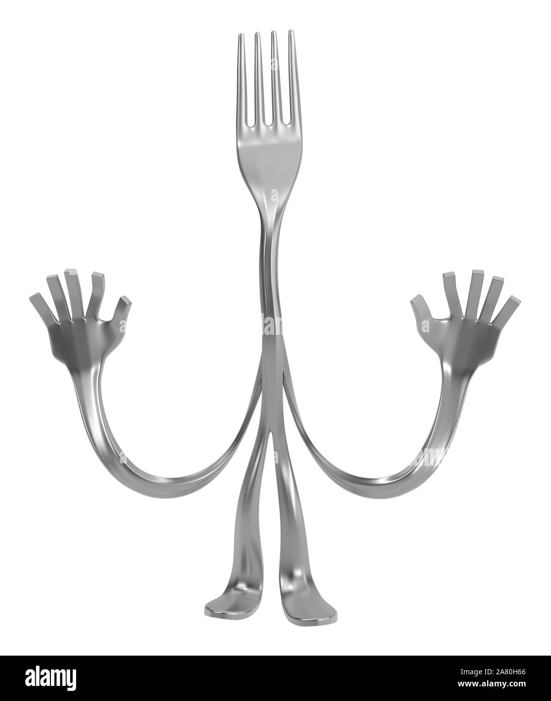 Fork cartoon character metal, hands up pose, 3d illustration ...
