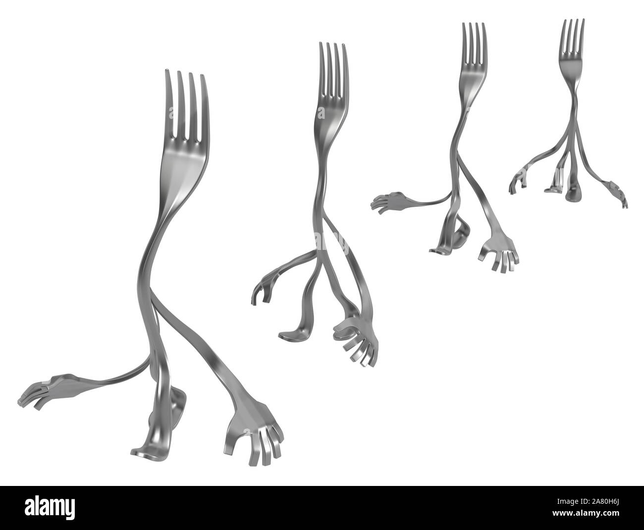 Fork cartoon character metal, four walking in line, 3d illustration ...